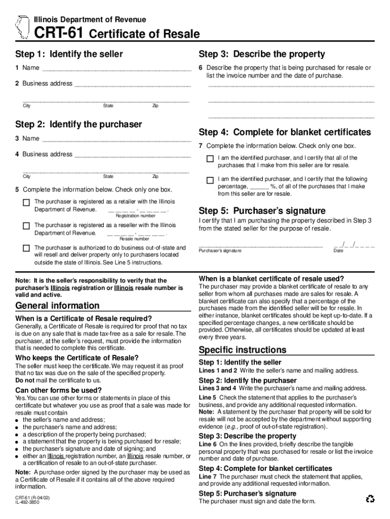 Fillable Online Illinois Form CRT-61 (Certificate of Resale (Sales Tax ...