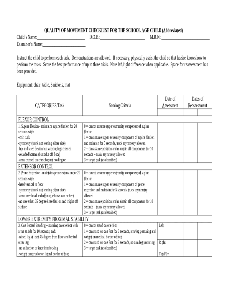 QUALITY OF MOVEMENT CHECKLIST FOR THE SCHOOL AGE CHILD (Abbreviated ...