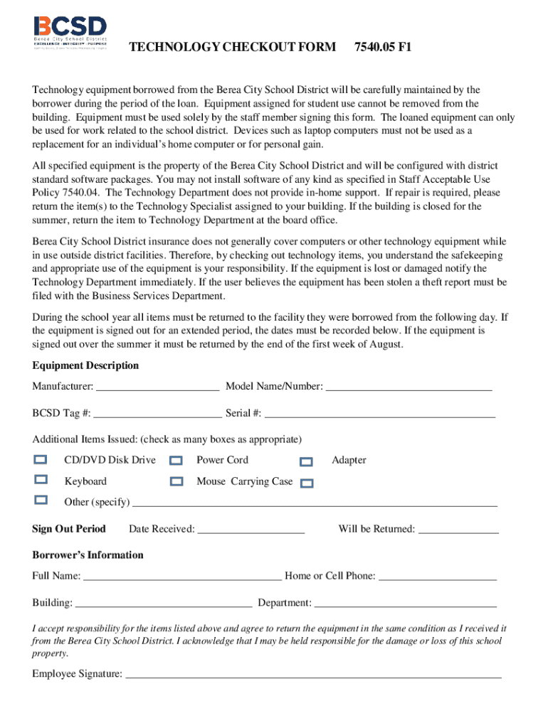 Fillable Online TECHNOLOGY CHECKOUT FORM 7540.05 F1 Fax Email Print ...