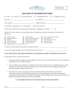 Fillable Online 2024 HEALTH INFORMATION FORM Year Level: Fax Email ...
