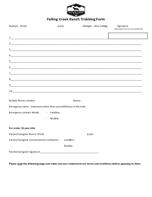 Fillable Online Falling Creek Ranch Trekking Form Fax Email Print ...