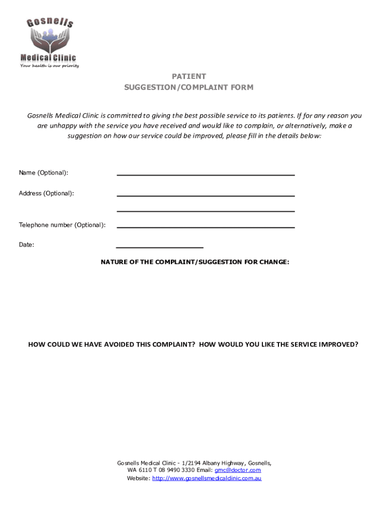 Fillable Online patient suggestion/complaint form - Gosnells Medical ...