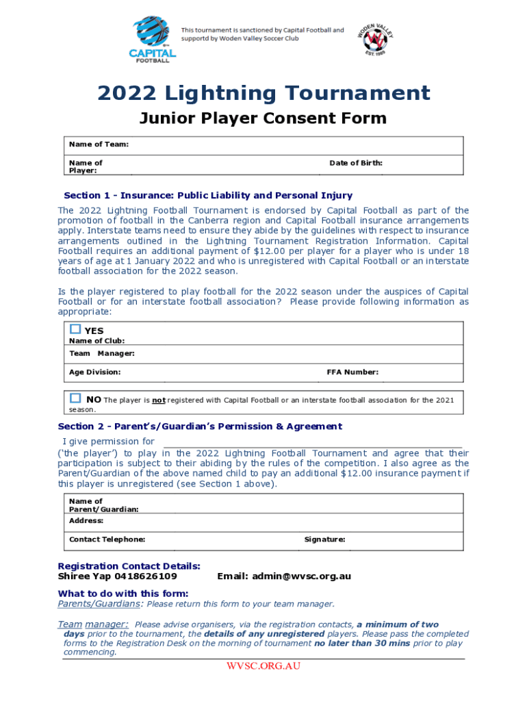 Fillable Online 2022 Lightning Tournament Player Consent Form.docx Fax ...