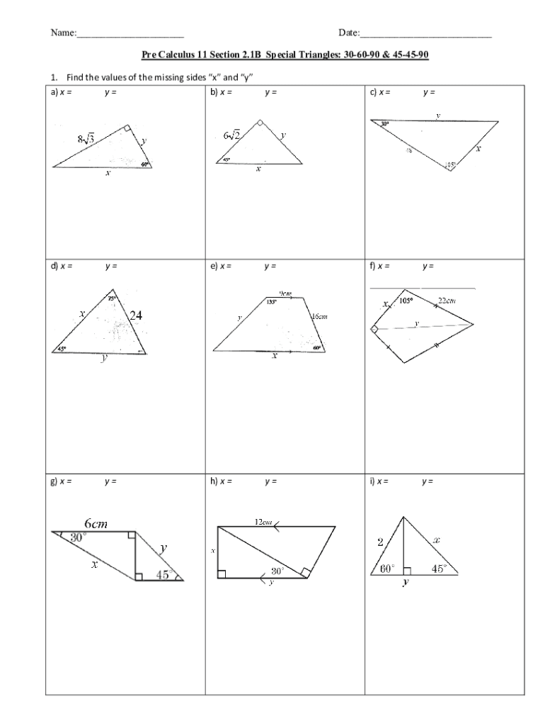 Fillable Online Pre Calculus 11 Section 2.1B Special Triangles: 30-60 ...