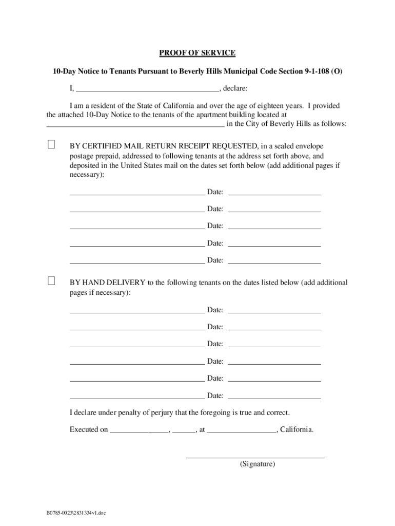Fillable Online PROOF OF SERVICE 10-Day Notice to Tenants Pursuant to ...