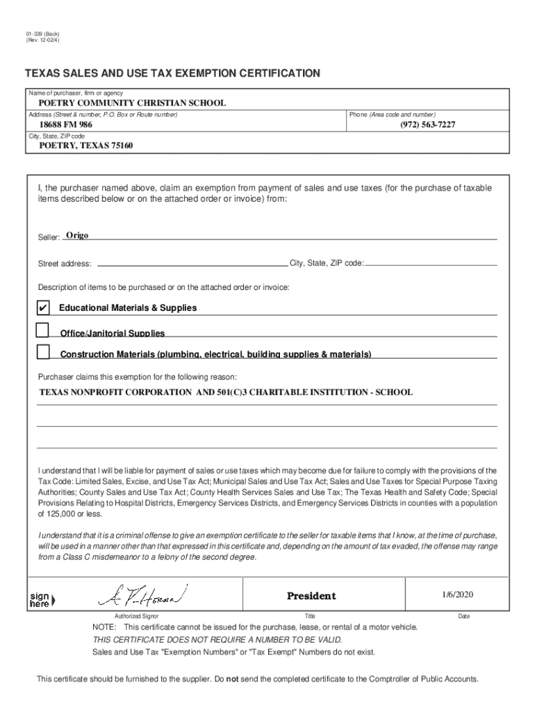 Fillable Online TEXAS SALES AND USE TAX EXEMPTION ... - ORIGO Education ...