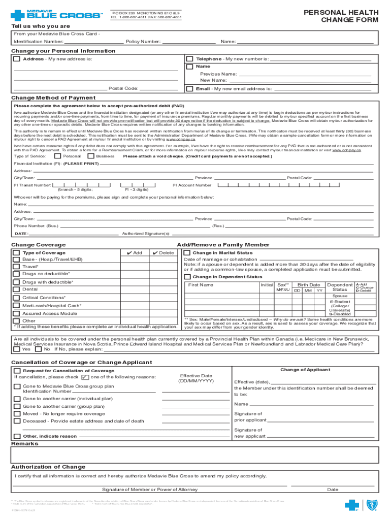 Fillable Online PERSONAL HEALTH CHANGE FORM Fax Email Print - pdfFiller