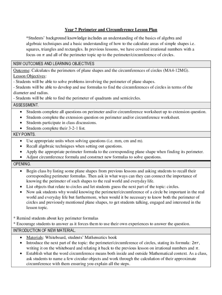 Fillable Online Year 7 Perimeter and Circumference Lesson Plan Fax ...