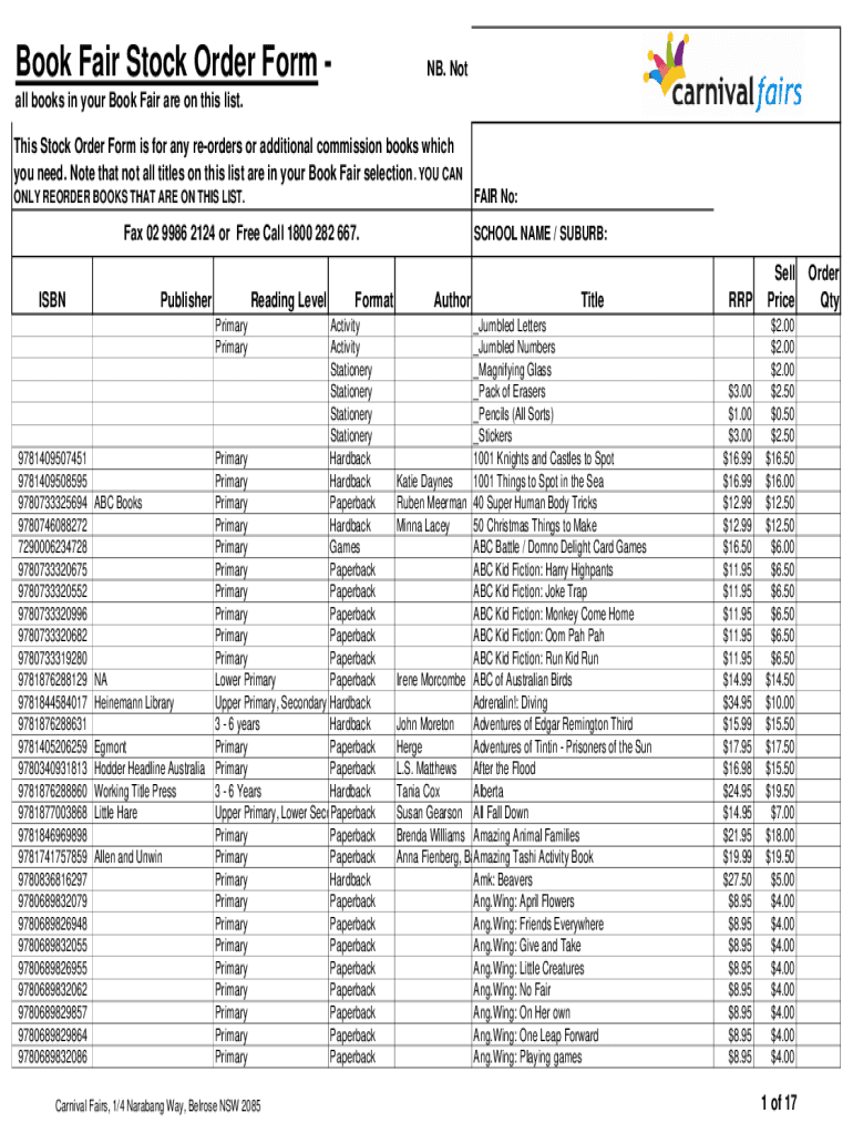 Fillable Online Book Fair Stock Order Form Fax Email Print - pdfFiller