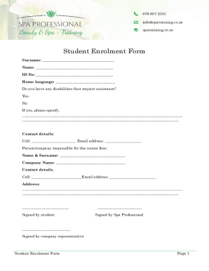 Fillable Online Student Enrolment Form - Spa Professional Beauty and ...