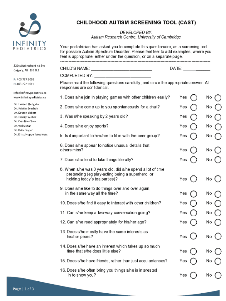 Fillable Online Childhood Autism Spectrum Test (CAST) - Psychology ...