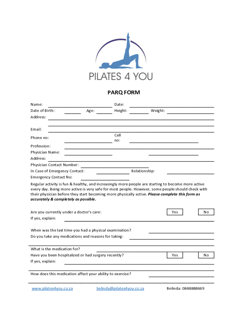 Fillable Online Pilates 4 You PARQ Form Fax Email Print - pdfFiller