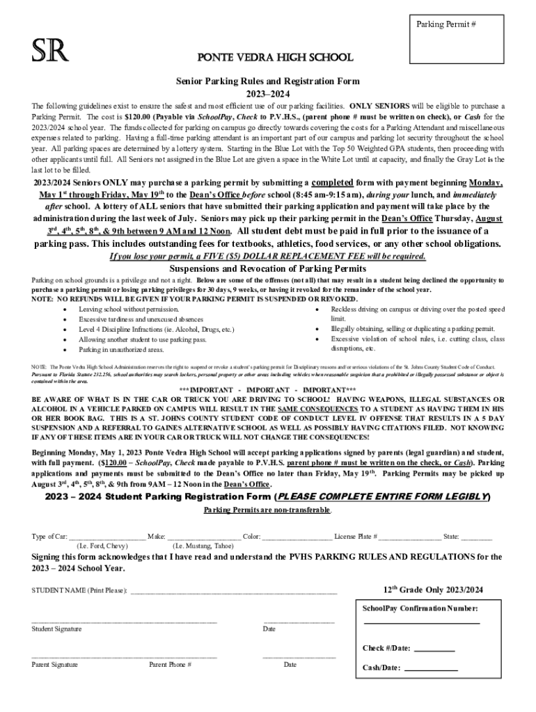 Fillable Online www-pvhs stjohns k12 fl Parking Permit # Fax Email ...