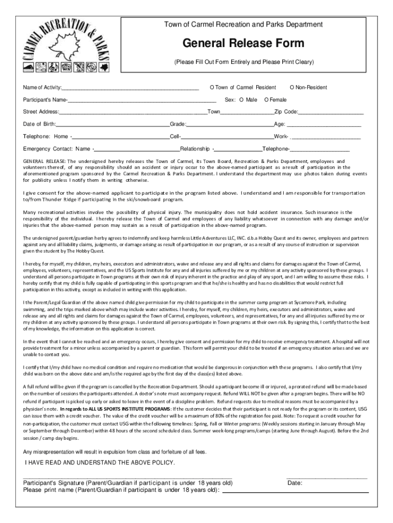 Fillable Online General Release Form - Town of Carmel Fax Email Print - pdfFiller
