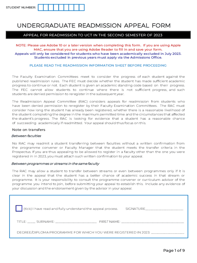 Fillable Online uct ac UNDERGRADUATE READMISSION APPEAL FORM Fax Email ...