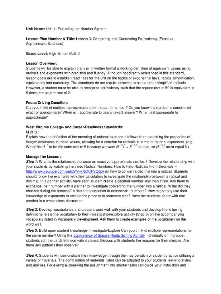 Fillable Online Unit 1: Extending the Number System Lesson Plan ... Fax ...