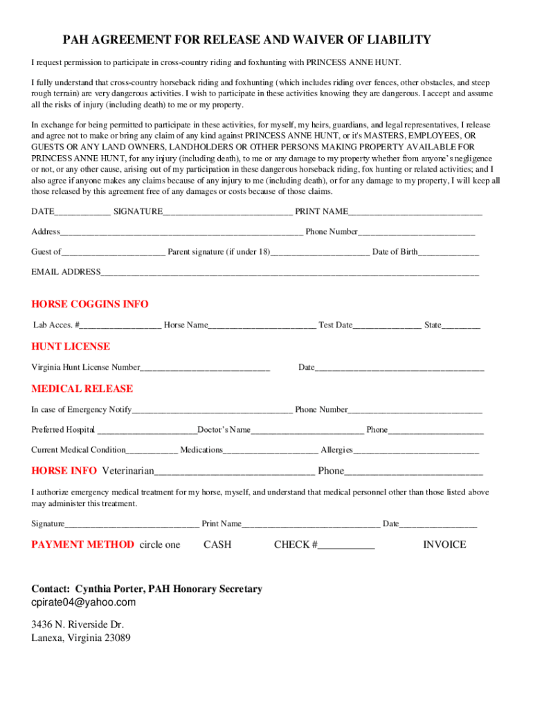Fillable Online PAH AGREEMENT FOR RELEASE AND WAIVER OF ... Fax Email Print - pdfFiller