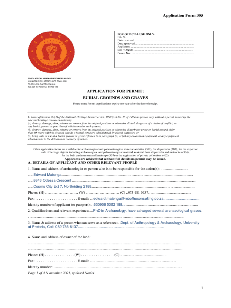 Fillable Online Application Form 305 1 - SAHRIS Fax Email Print - pdfFiller