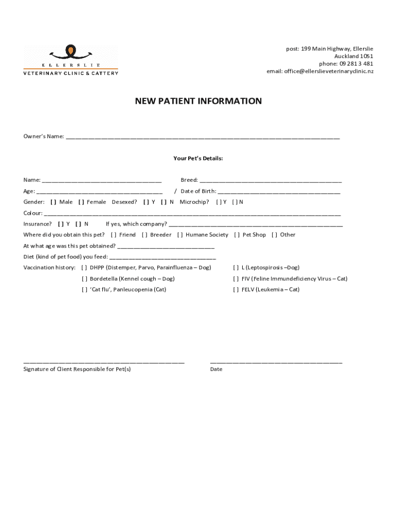 Fillable Online New Patient Form - Ellerslie Vet Clinic Fax Email Print ...