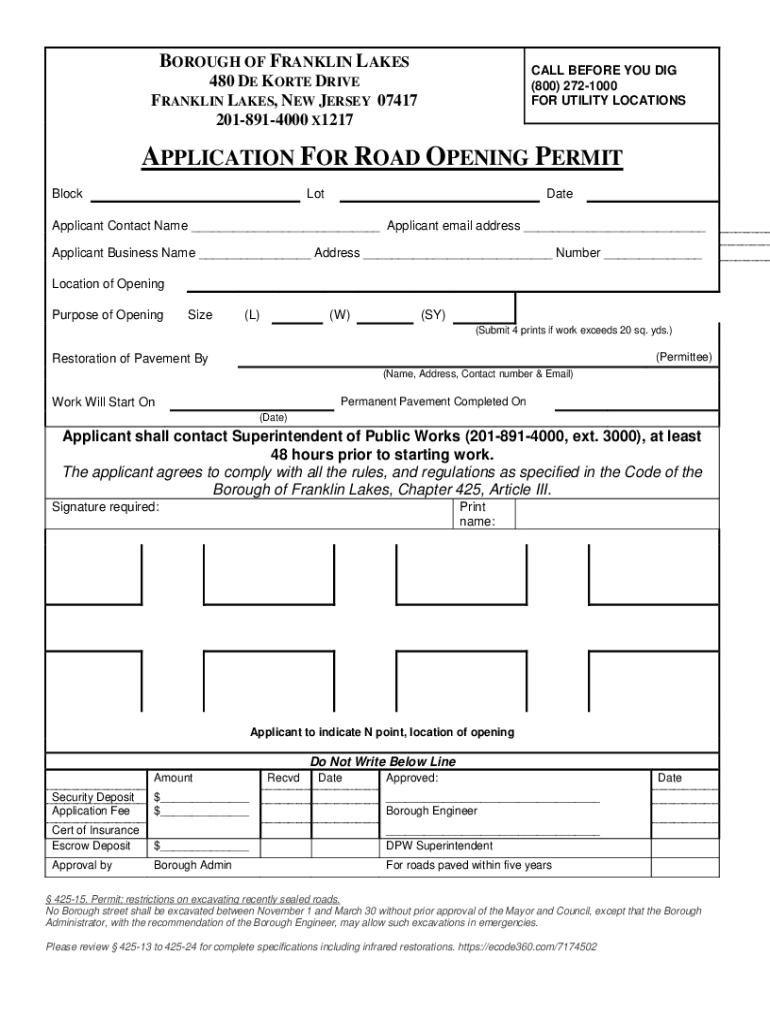 Fillable Online Borough of Franklin Lakes, NJ Street Openings and ...