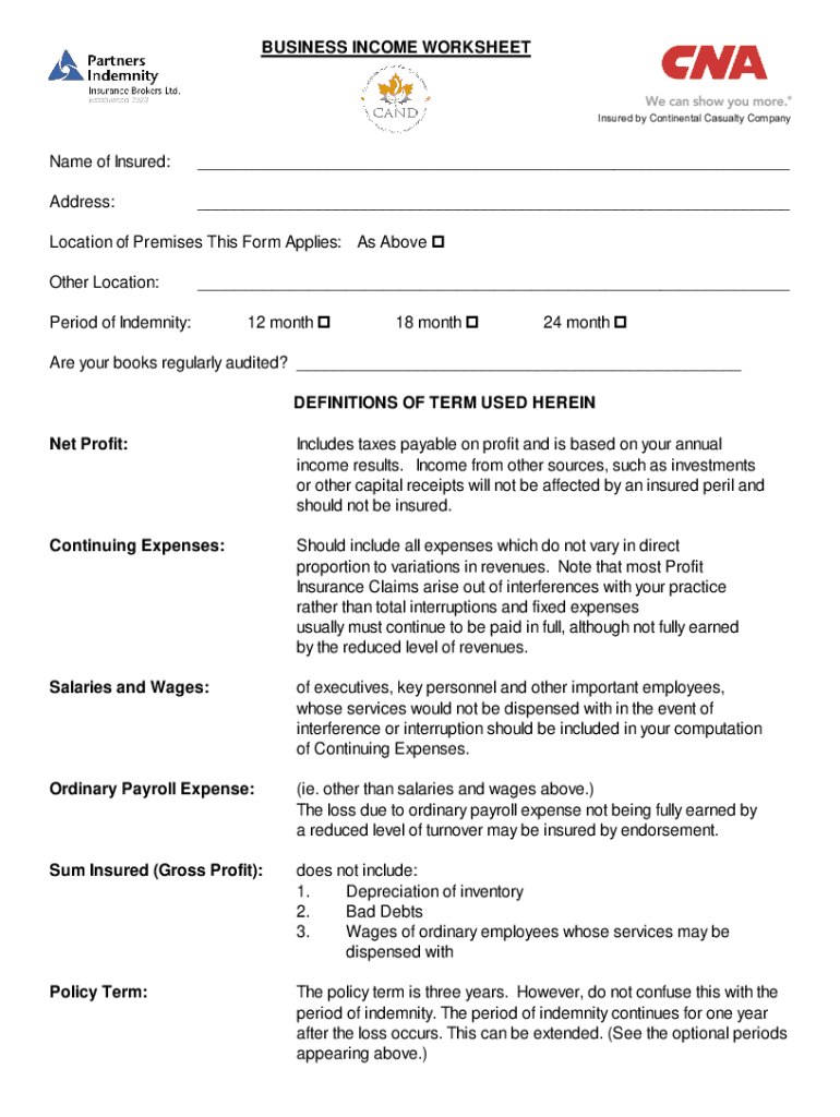 Fillable Online BUSINESS INCOME WORKSHEET Fax Email Print - pdfFiller