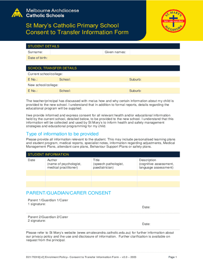 Fillable Online smalexandra catholic edu St Mary's Infant School - Supplementary Information ...