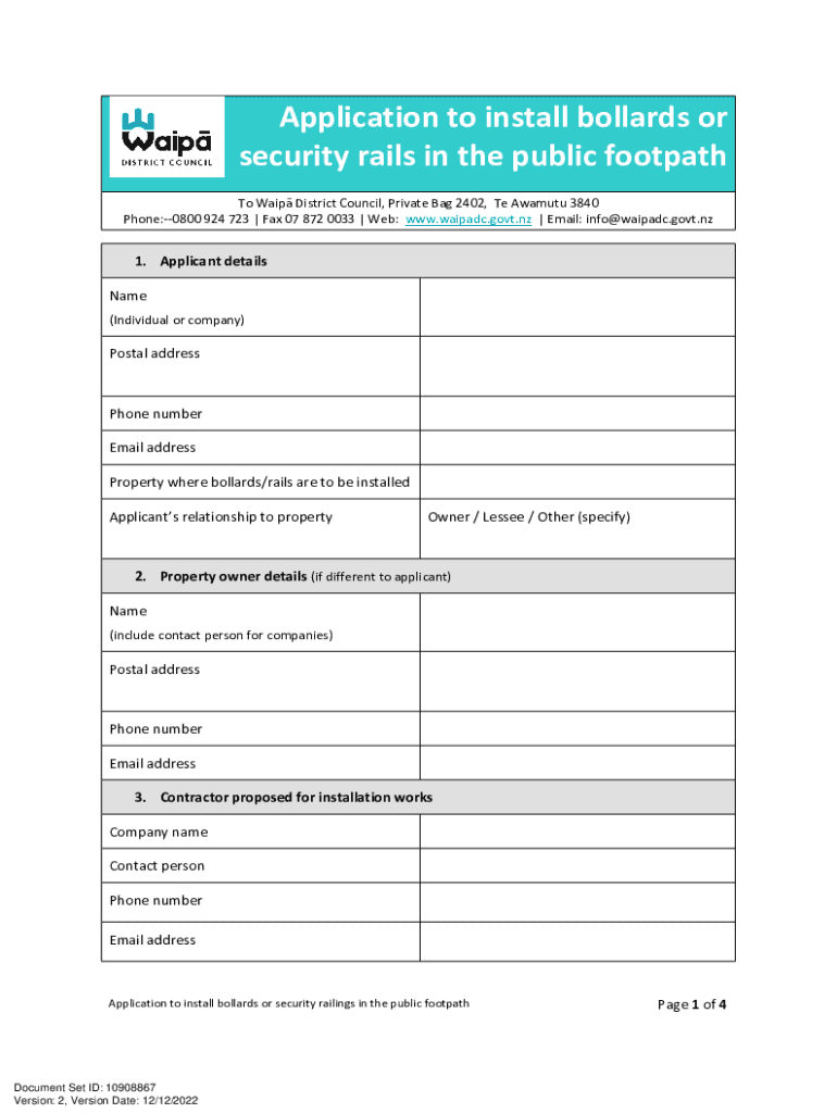Fillable Online ECM10908867v2Application form - Installation of bollards or security rails in ...