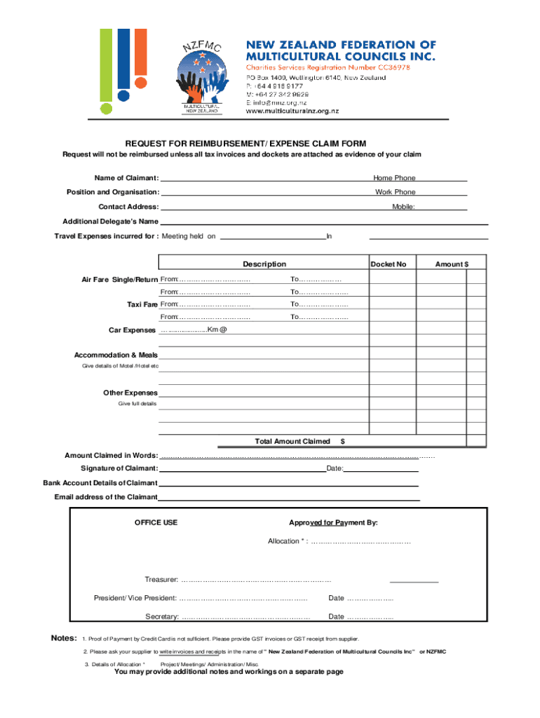 Fillable Online REQUEST FOR REIMBURSEMENT/ EXPENSE CLAIM FORM Fax Email Print - pdfFiller