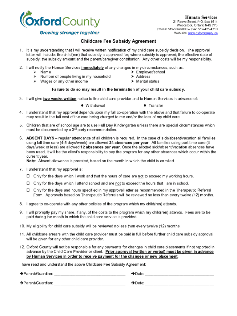 Fillable Online Childcare Fee Subsidy Agreement Fax Email Print - pdfFiller