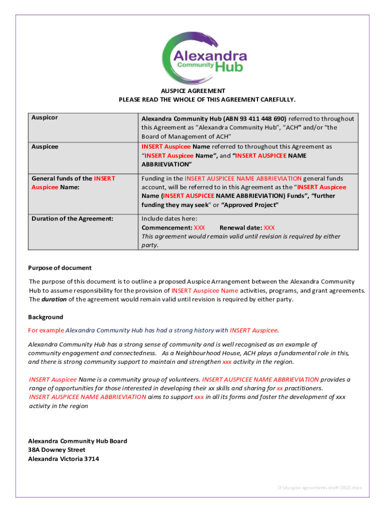 Fillable Online What is an Auspice Agreement? Fax Email Print - pdfFiller
