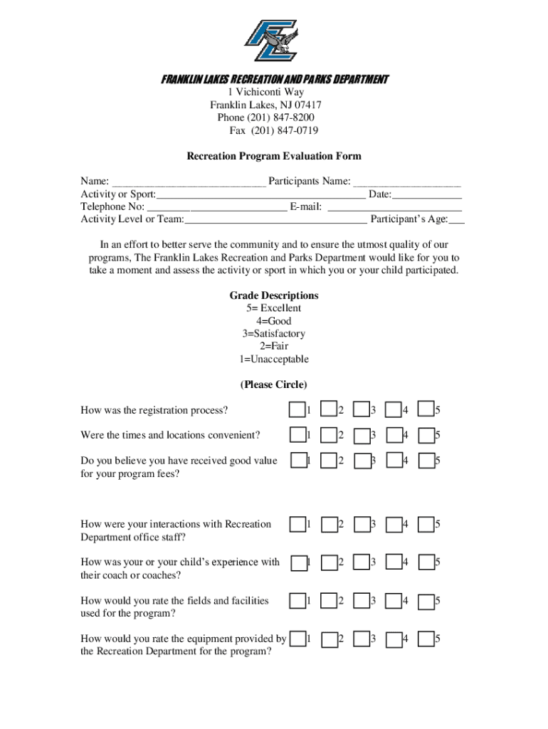 Fillable Online Borough of Franklin Lakes, NJ Recreation and Parks ...