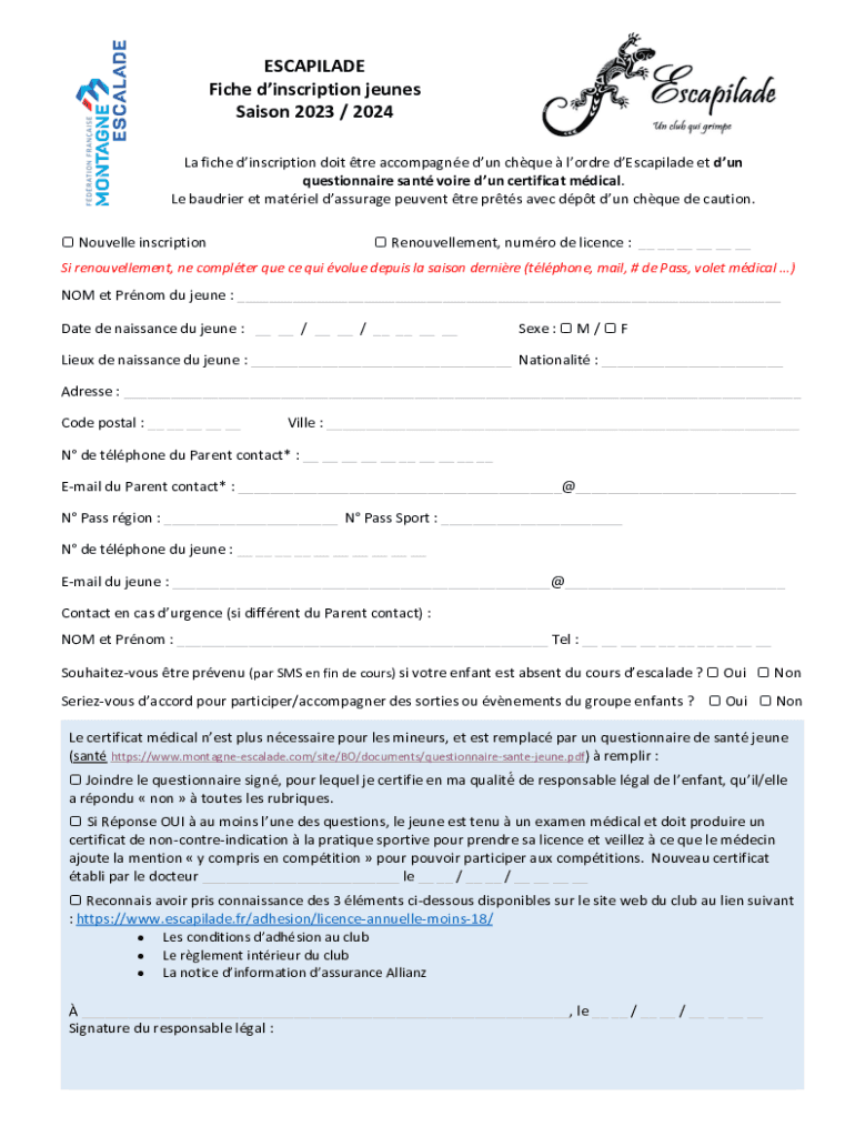 Remplissable En Ligne Fiche dinscription jeunes Fax Email Imprimer - pdfFiller