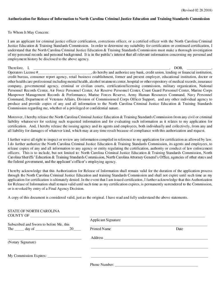 Fillable Online Authorization for Release of Information to North ...