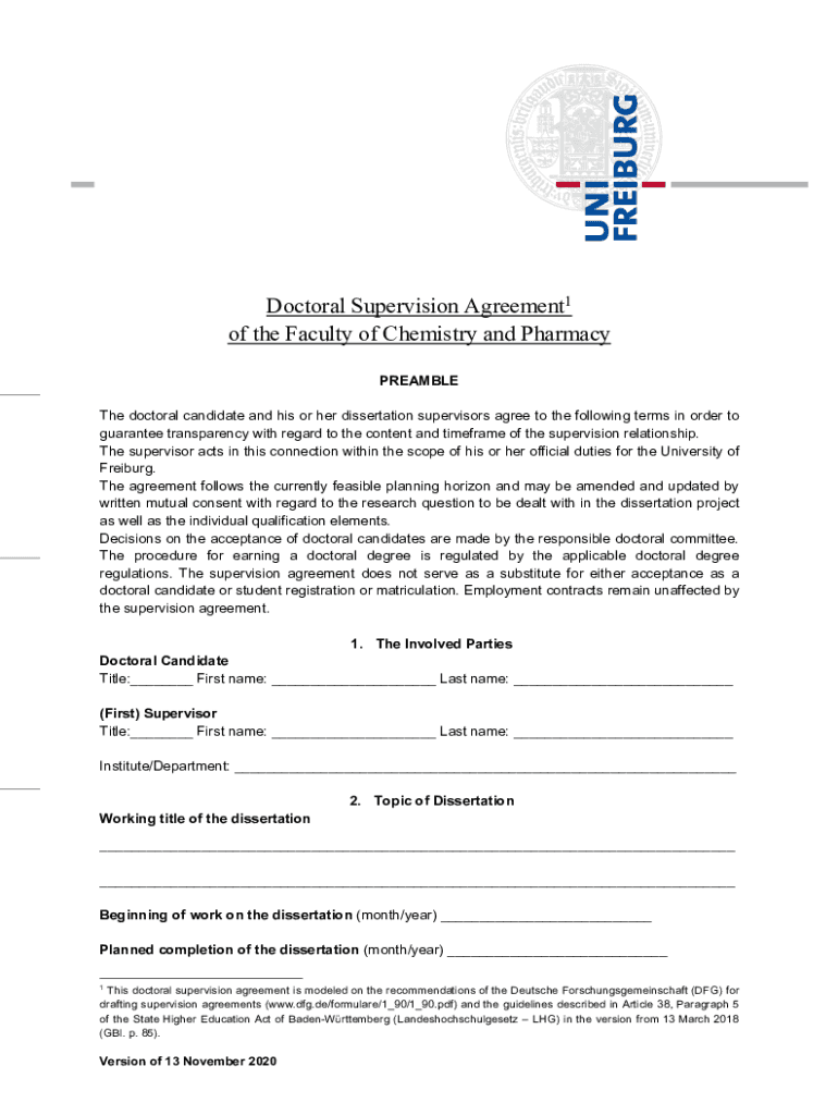 Fillable Online Doctoral Supervision Agreement1 of the Faculty of ...