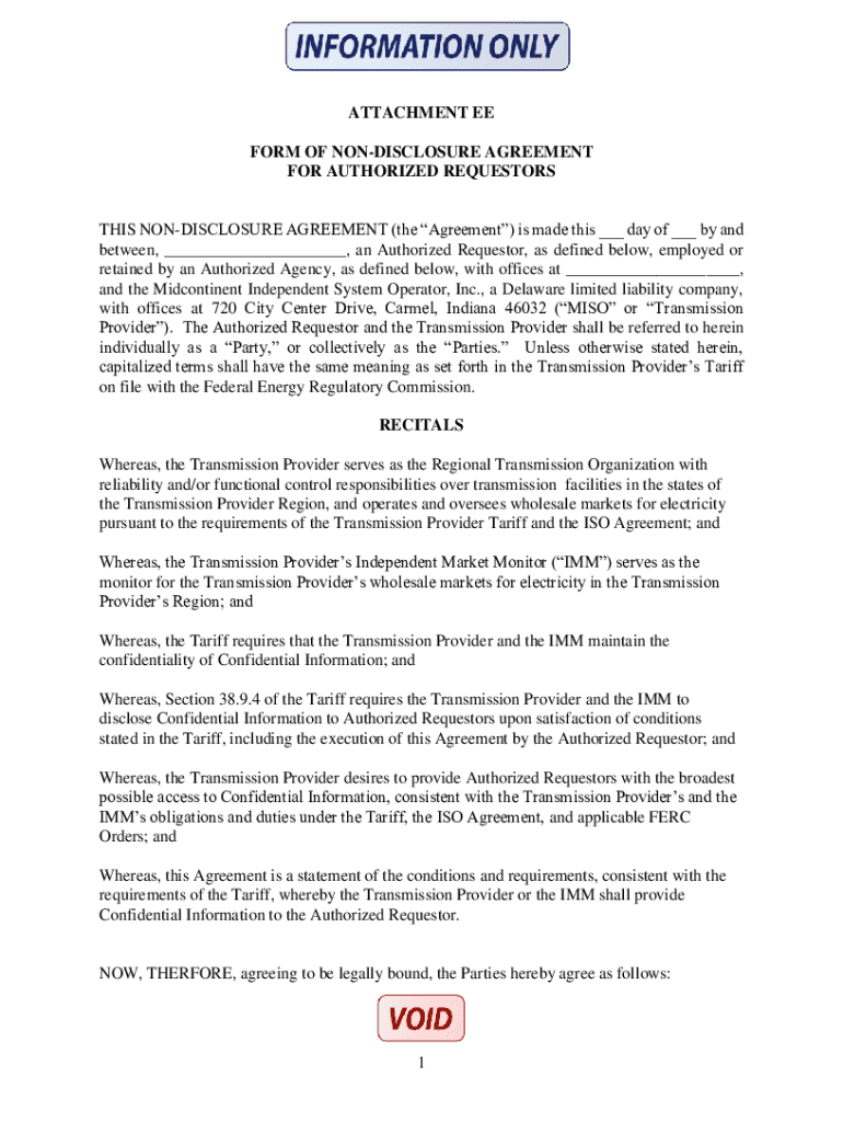 Fillable Online 1 ATTACHMENT EE FORM OF NON-DISCLOSURE ... Fax Email ...