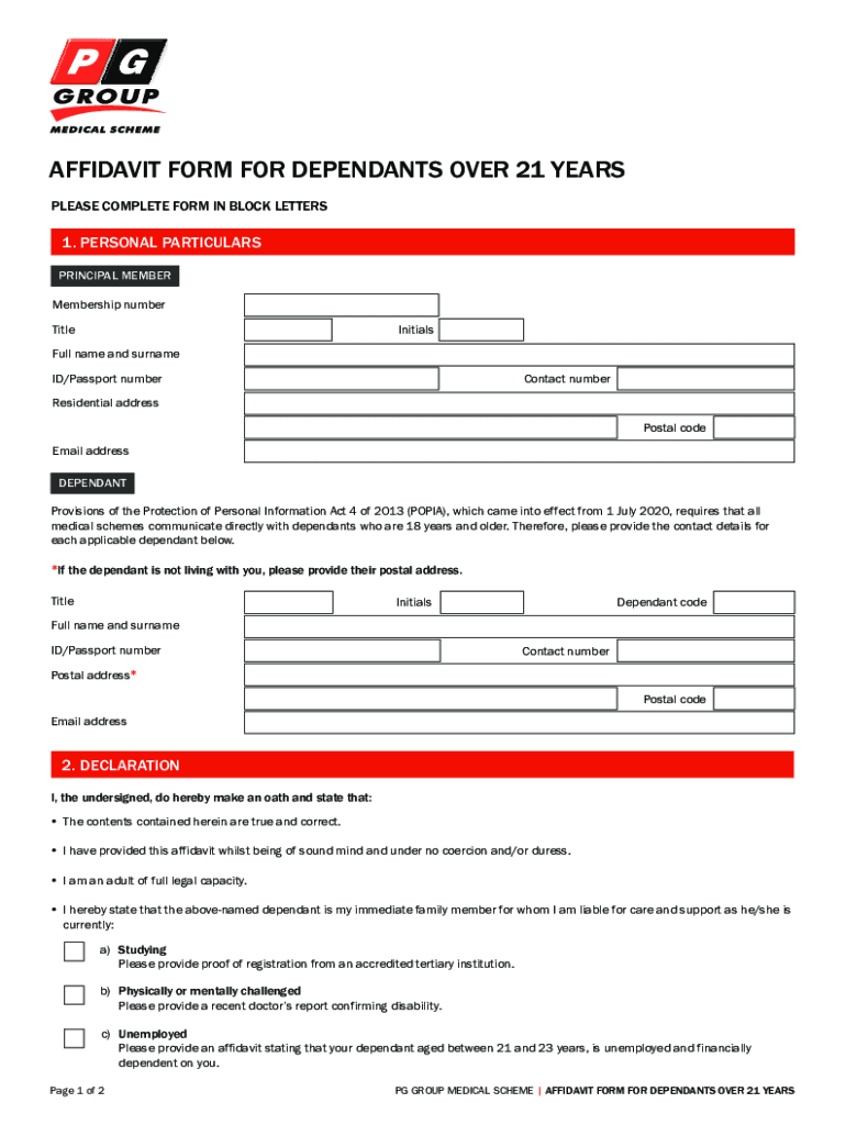 Fillable Online AFFIDAVIT FORM FOR DEPENDANTS OVER 21 YEARS Fax Email Print - pdfFiller