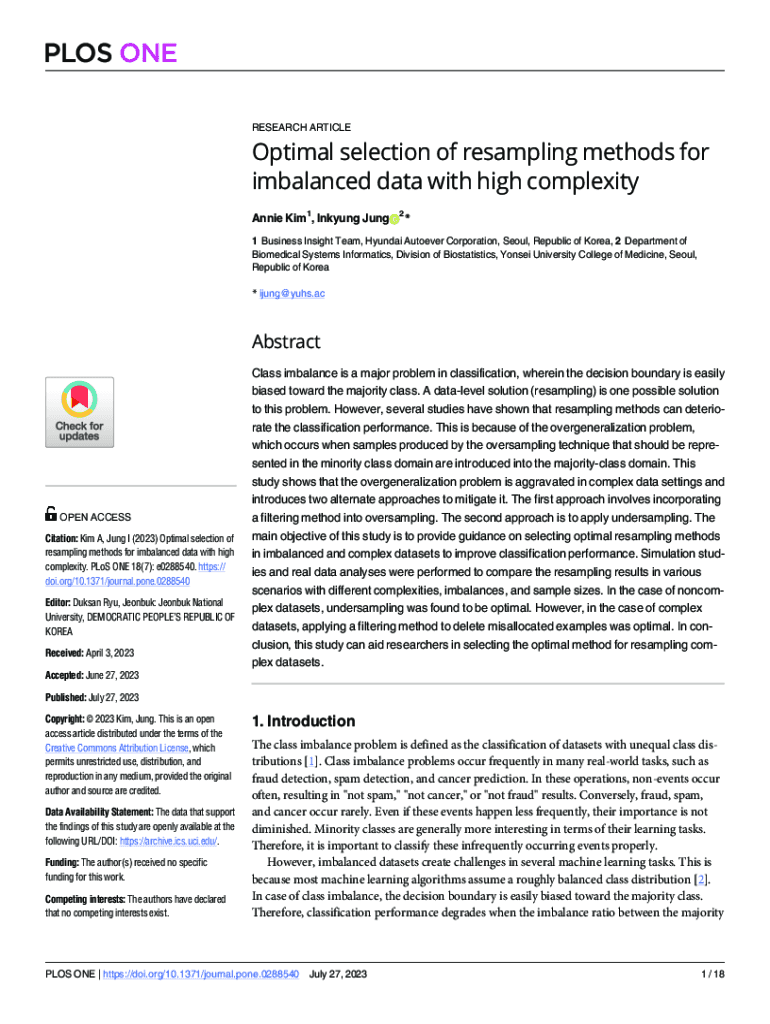 Fillable Online Optimal Selection Of Resampling Methods For Imbalanced Data With High Complexity 