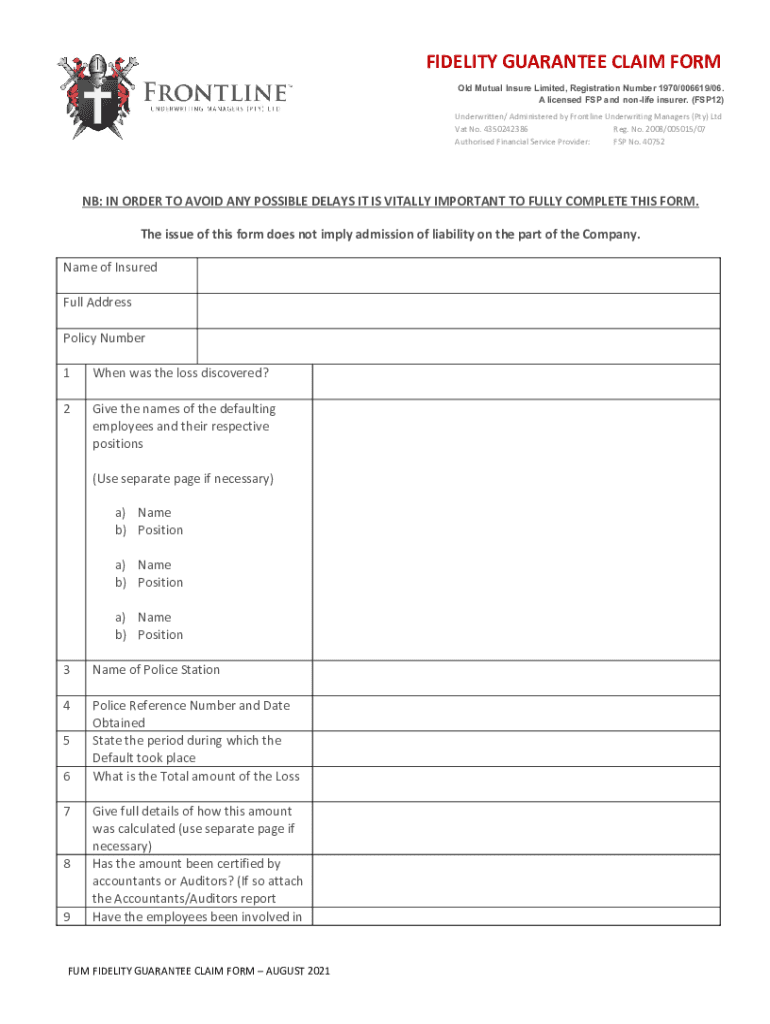 Fillable Online frontlineinsurance co Old Mutual Insure Claims Fax ...