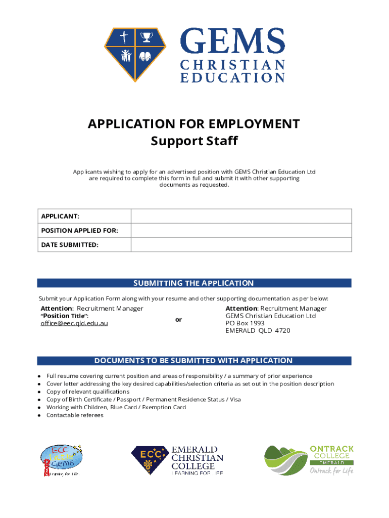 Fillable Online APPLICATION FOR EMPLOYMENT Support Staff Fax Email ...