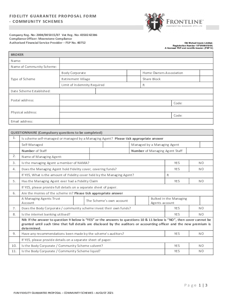 Fillable Online frontlineinsurance co PROPOSAL FORM Fidelity Guarantee ...