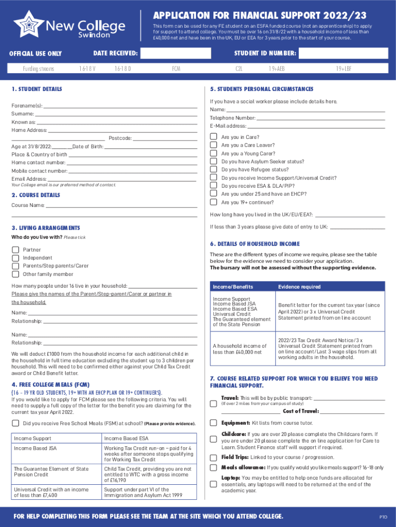 Fillable Online APPLICATION FOR FINANCIAL SUPPORT 2022/23 Fax Email ...