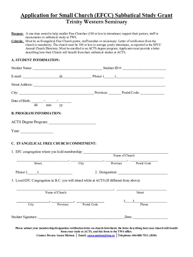 Fillable Online Small Church Sabbatical Study Grant Form Fax Email ...