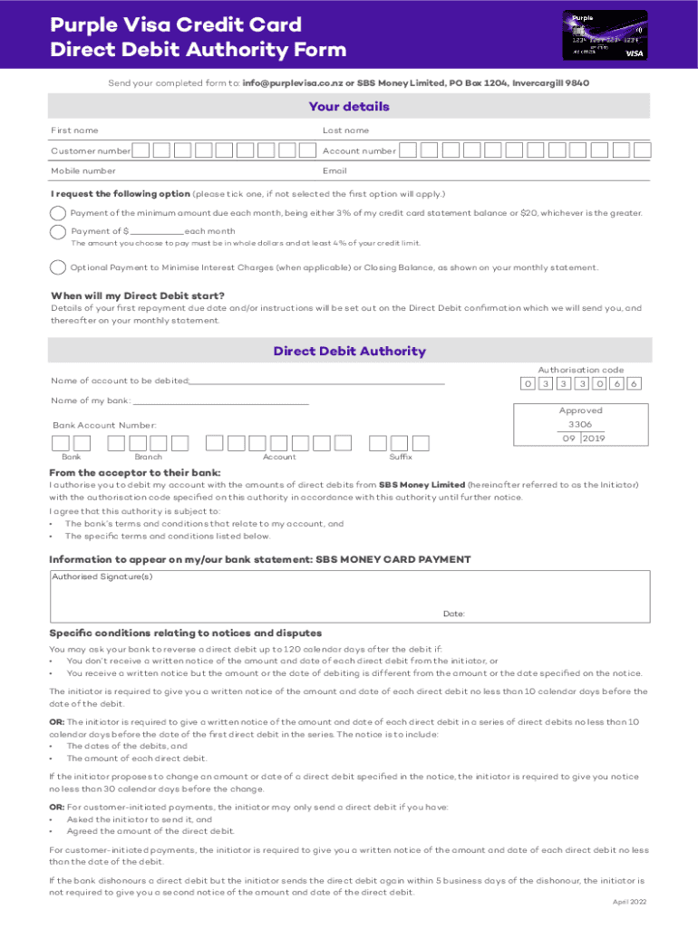Fillable Online Purple Visa Credit Card Direct Debit Authority Form Fax ...
