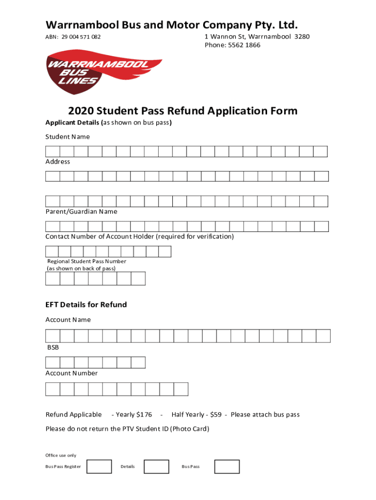 Fillable Online 2020 Student Pass Refund Application Form Fax Email ...