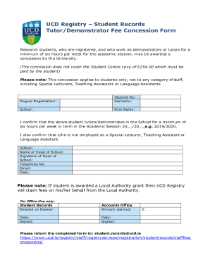 Fillable Online Student Records Tutor/Demonstrator Fee Concession Form ...