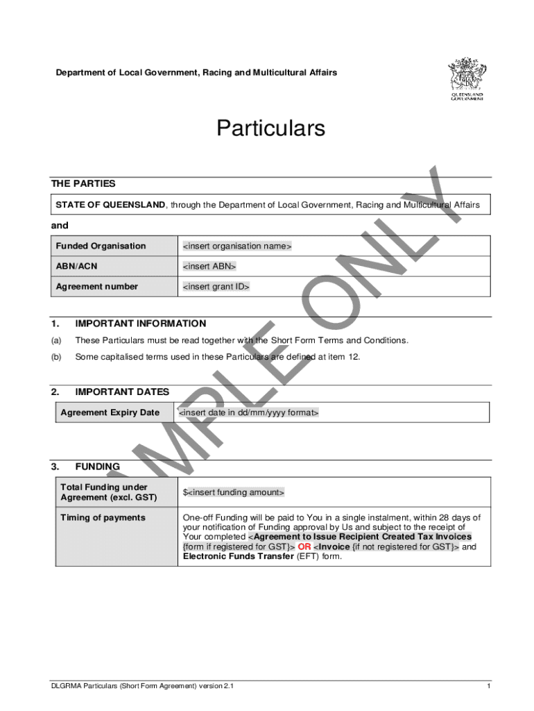 Fillable Online Short Form Particulars - Service Provision. Sample ...