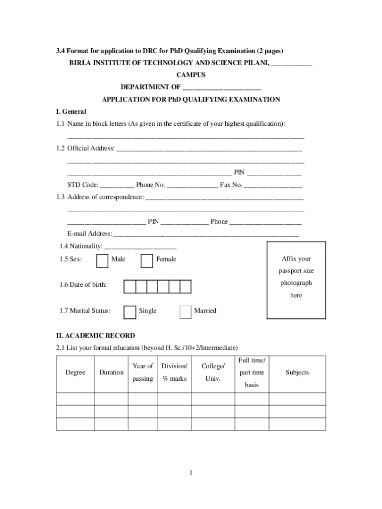 Fillable Online Application to DRC for Ph. D Qualifying Examination Fax ...