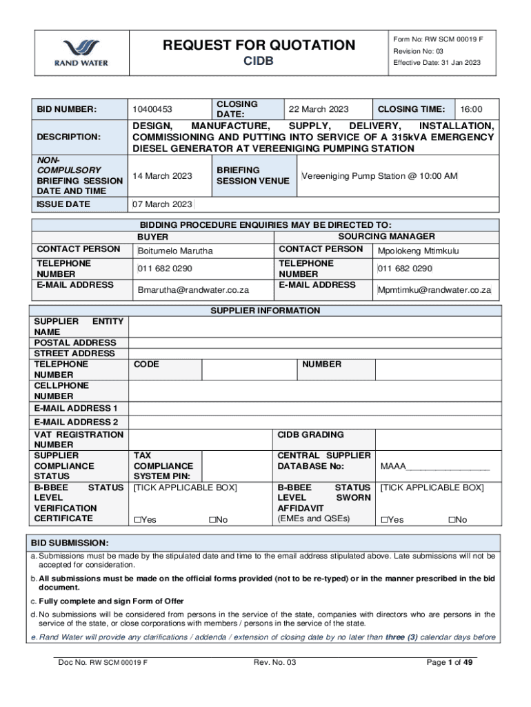 Fillable Online REQUEST FOR QUOTATION (RFQ) Supply, Delivery, ... Fax ...