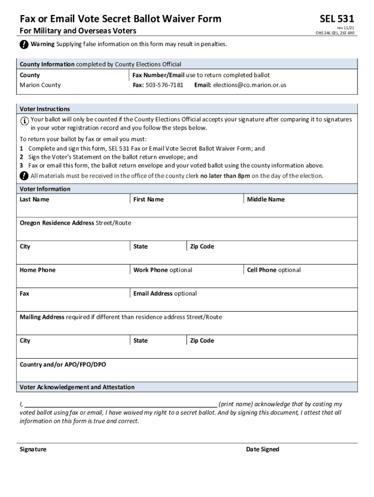 Fillable Online SEL 531 Fax or Email Vote Secret Ballot Waiver Form Fax ...