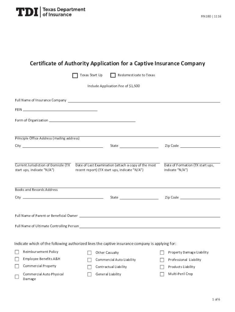 Fillable Online Certificate of Authority Application for a Captive Insurance Company Fax Email ...